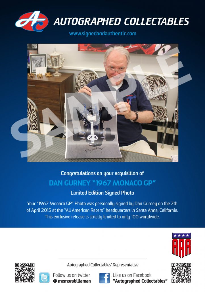 Dan Gurney 1967 Monaco GP - Autographed Collectables
