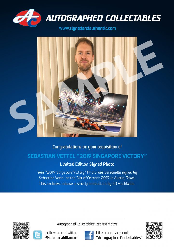Sebastian Vettel 2019 Singapore Victory - Autographed Collectables