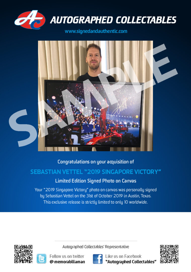 Sebastian Vettel 2019 Singapore Victory #1/10 - Autographed Collectables