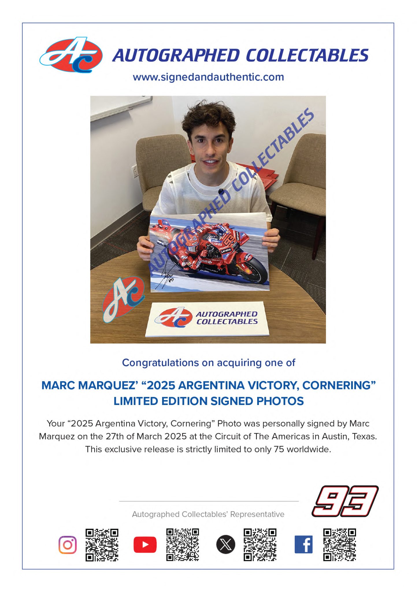 Marc Marquez 2025 Argentina Victory Cornering - Autographed Collectables