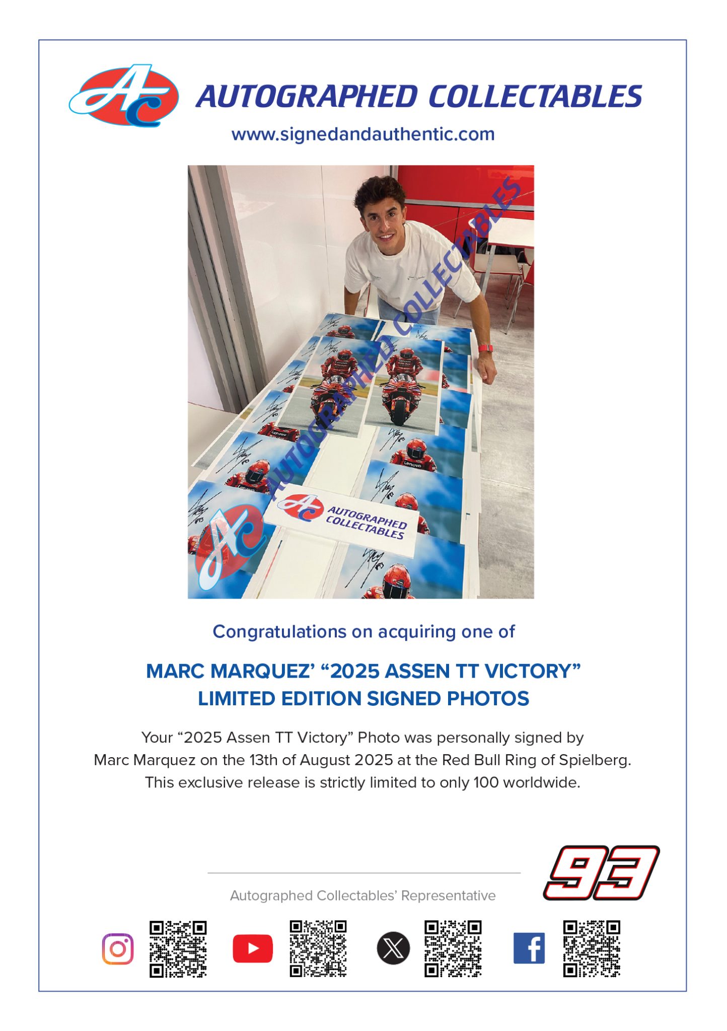 Marc Marquez 2025 Assen TT Victory - Autographed Collectables